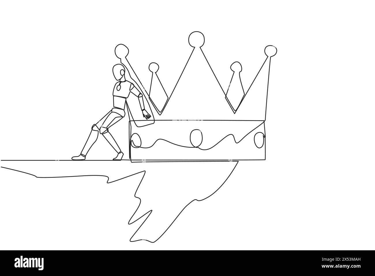Continuous one line drawing robot pushes a large crown down on its back ...