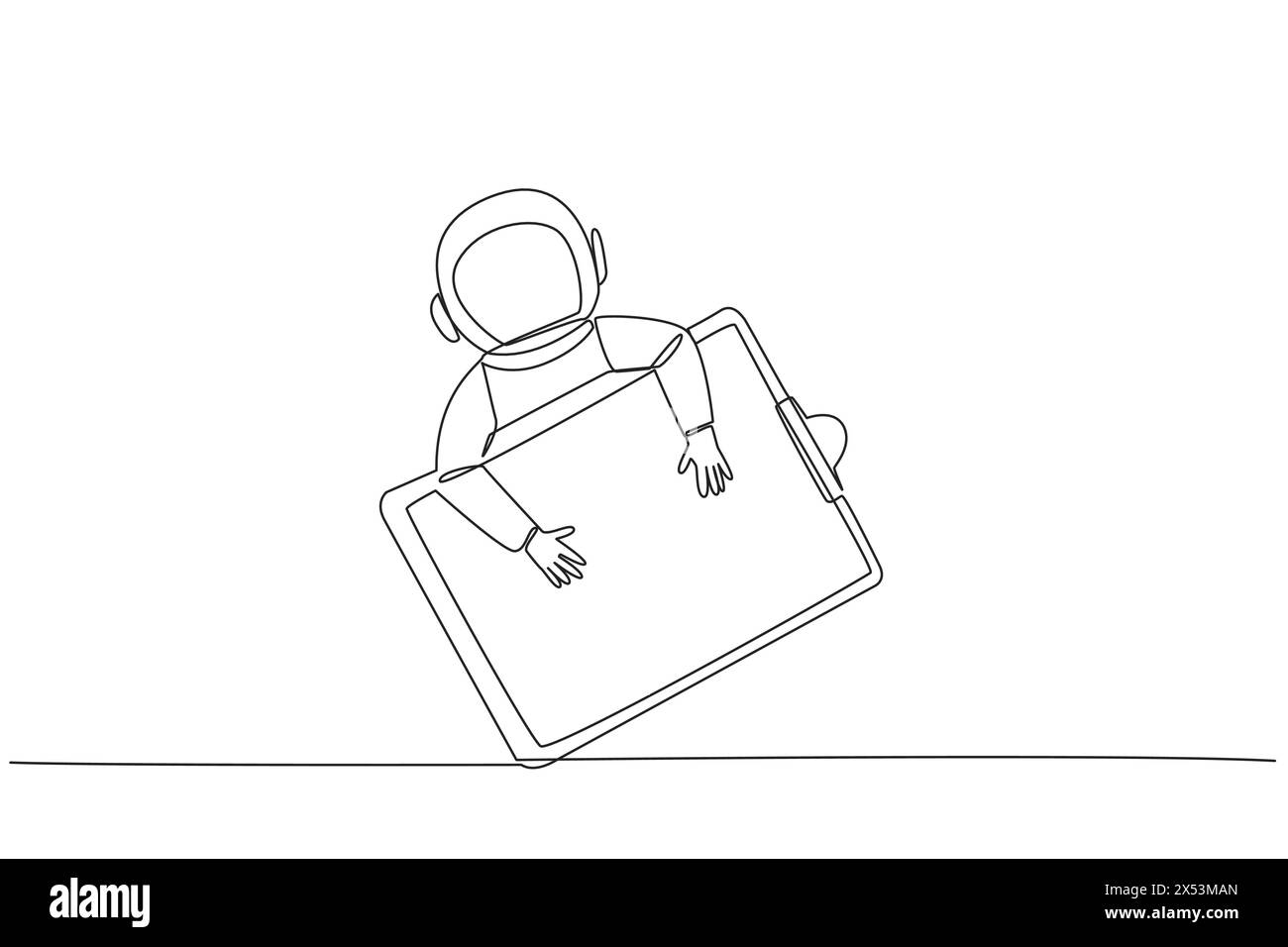 Single continuous line drawing young energetic astronaut hugging ...