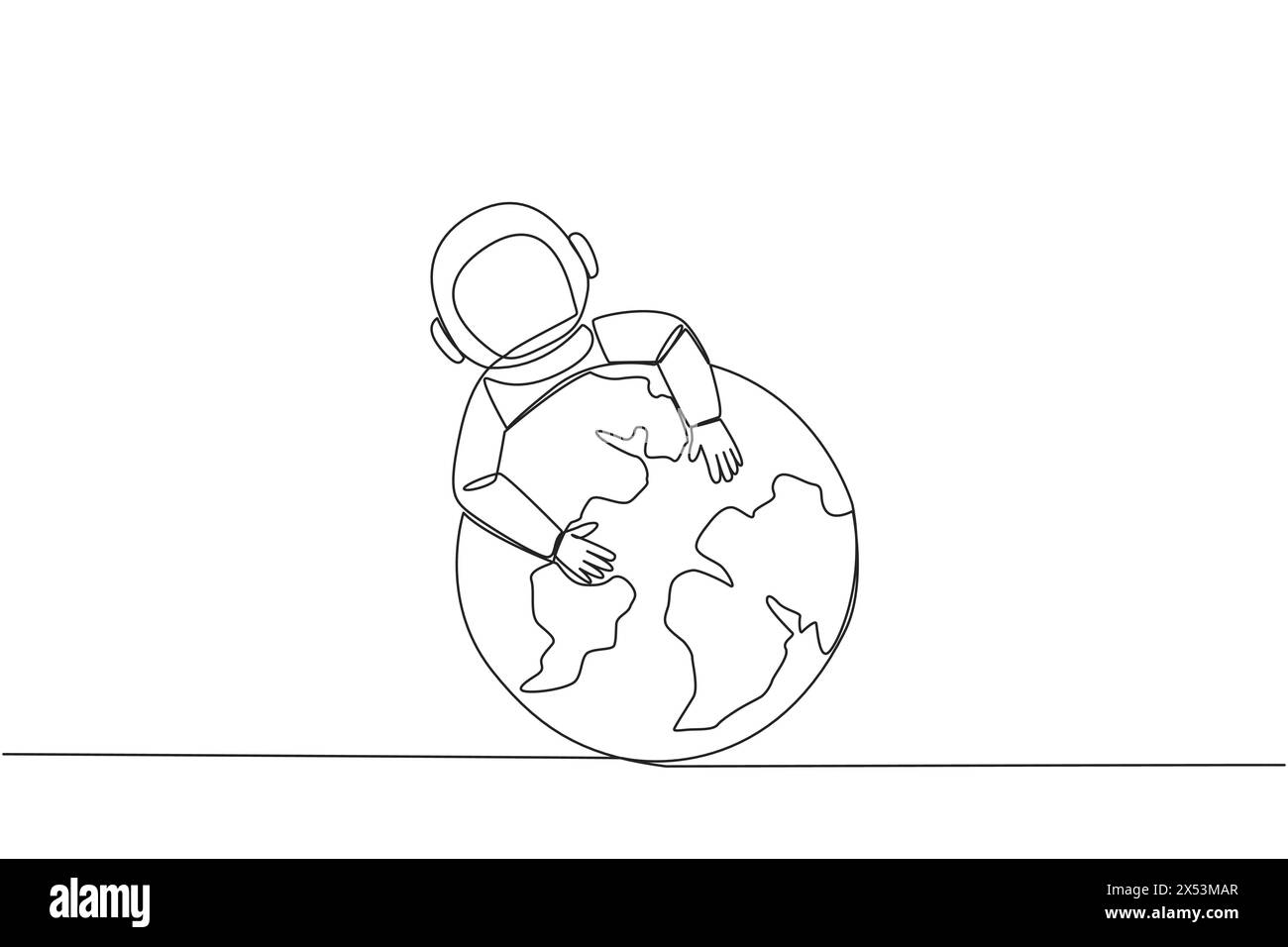 Continuous one line drawing young energetic astronaut hugging globe ...