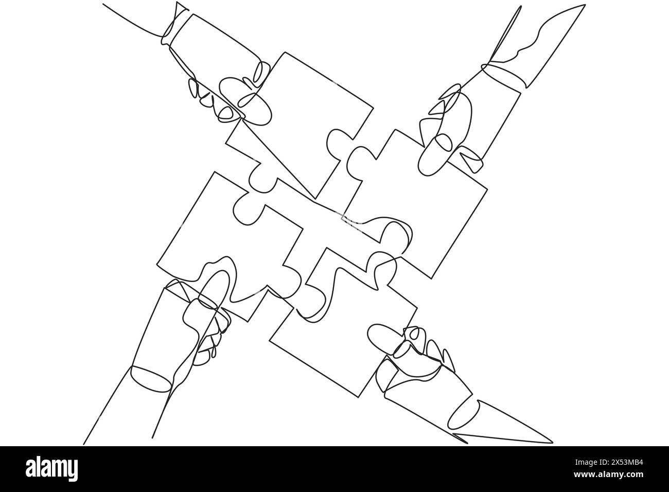 Continuous one line drawing four robot hands holding a puzzle piece ...