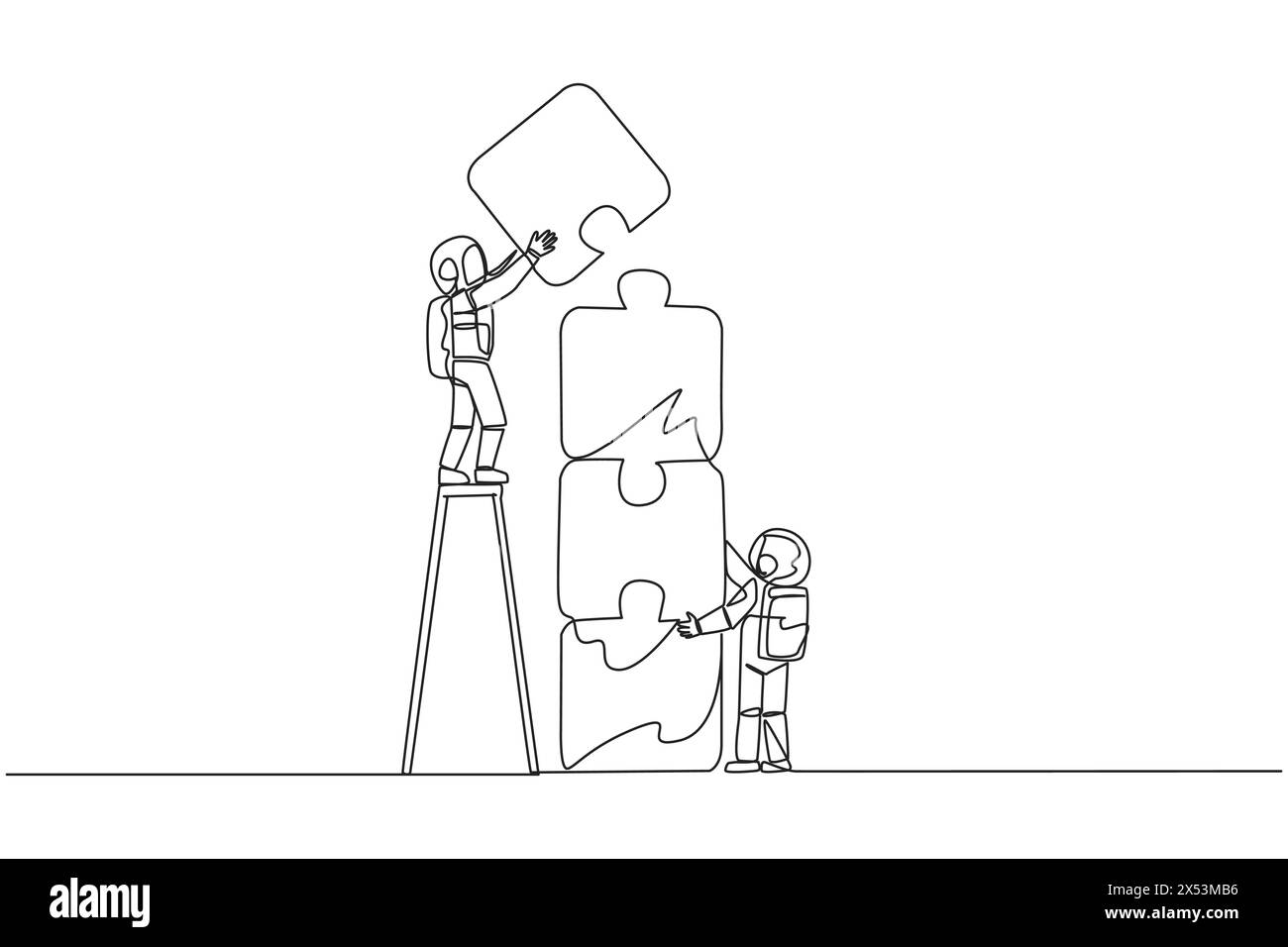 Continuous one line drawing two astronauts putting together a puzzle. One of the two climbs up ...