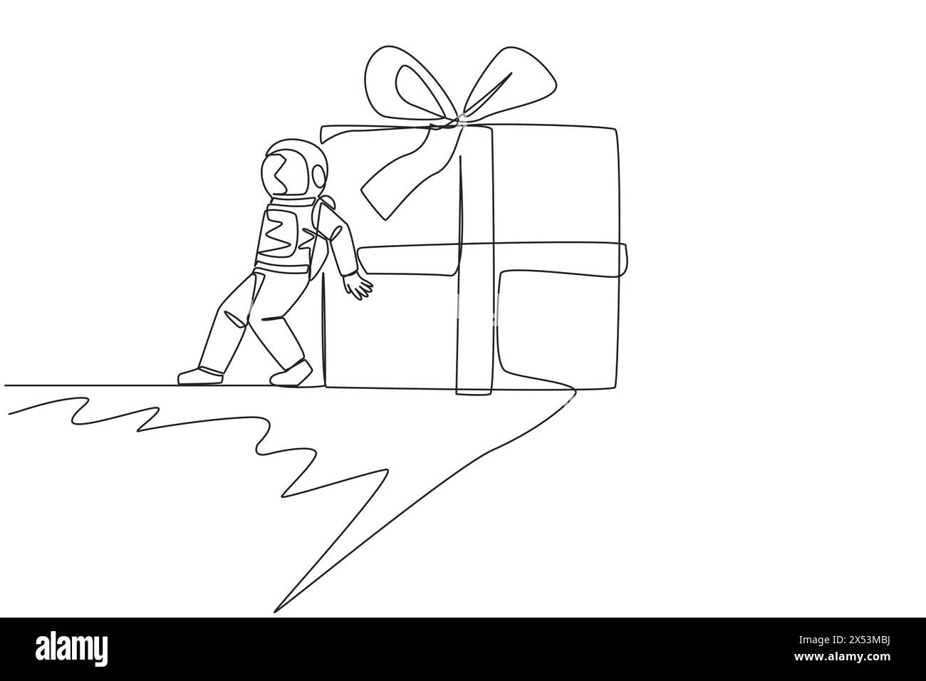 Continuous one line drawing astronaut pushed giant gift box down with ...