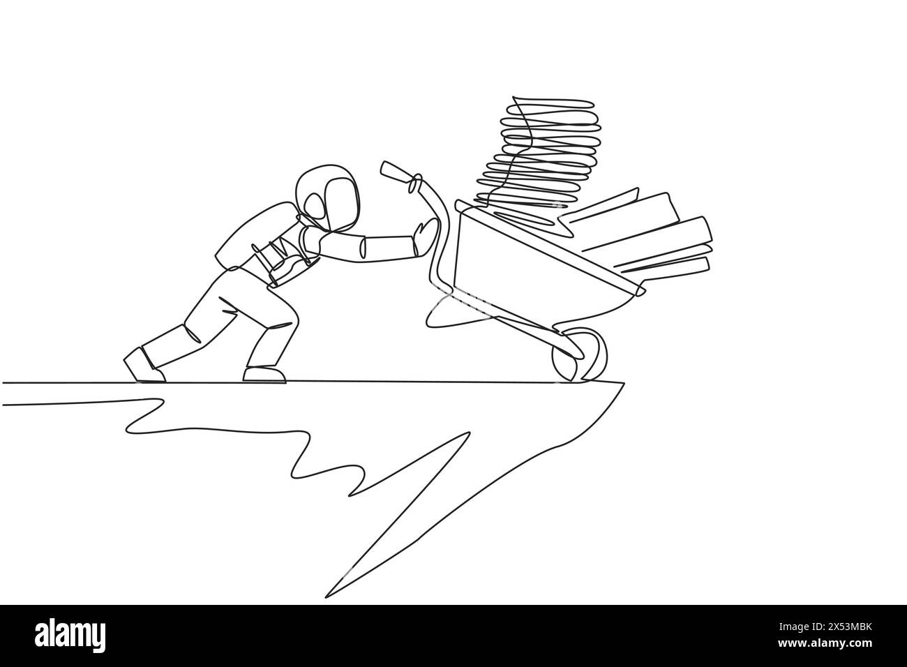 Single continuous line drawing Astronauts push wheelbarrow filled with ...
