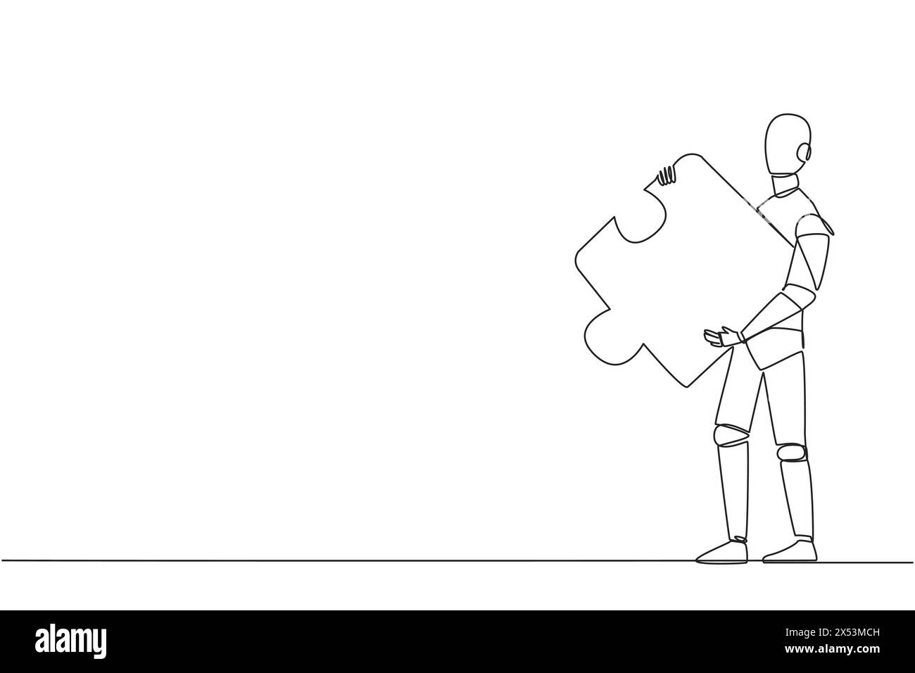 Single one line drawing of walking robot carries puzzle pieces. Strong ...