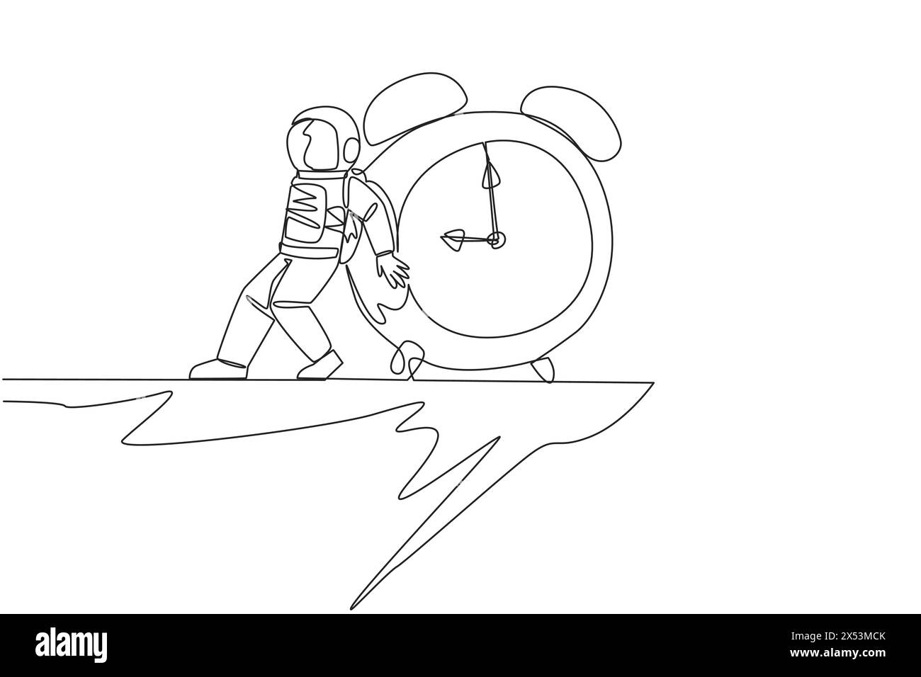 Single continuous line drawing astronaut pushed a giant alarm clock ...