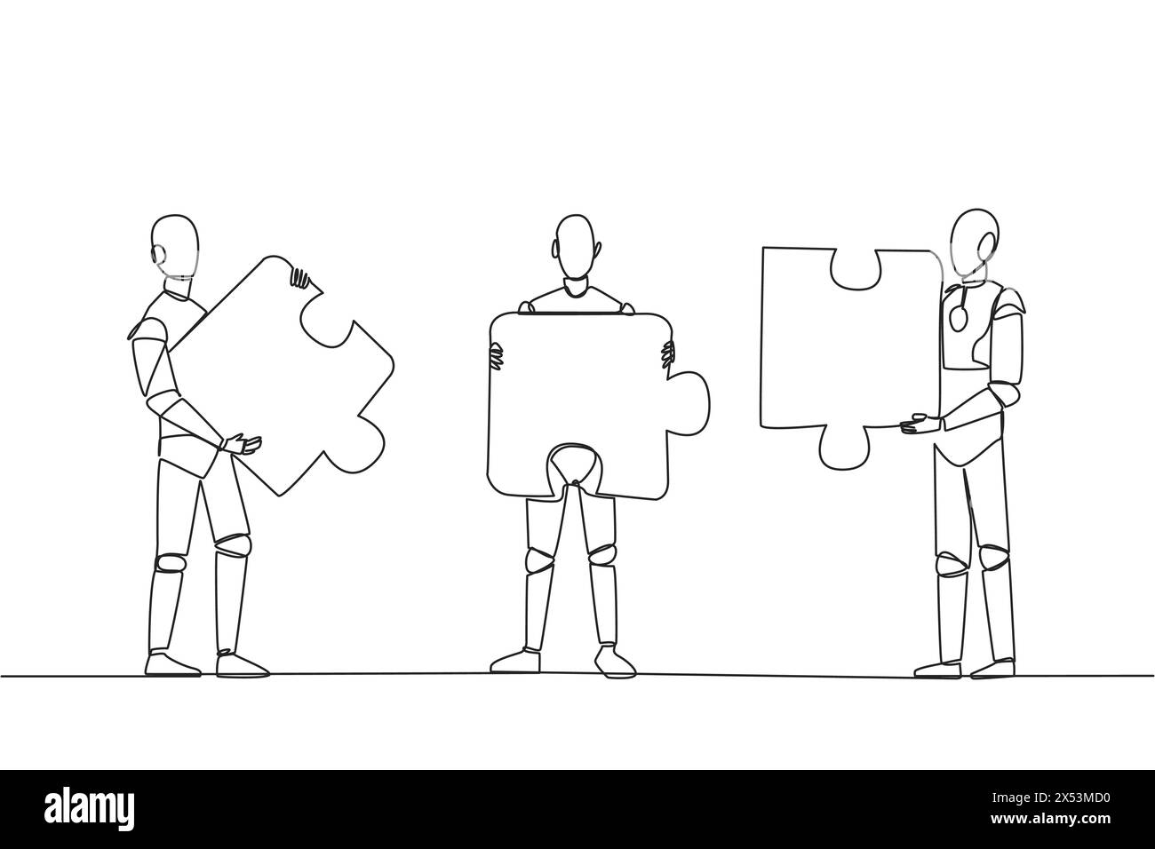Single one line drawing three robots each carrying three puzzle pieces ...