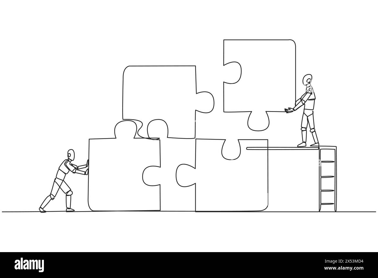 Single continuous line drawing two robots teamwork to put together a ...