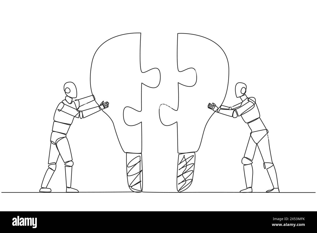 Single one line drawing two robot pushing two lightbulb-shaped puzzle pieces. Metaphor brings ...