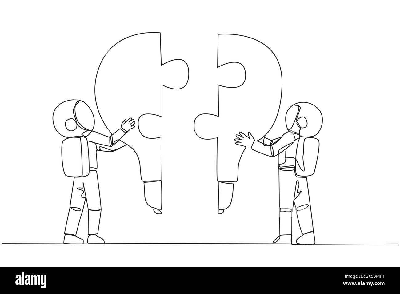 Single continuous line drawing two astronauts holding up two lightbulb-shaped puzzle pieces ...