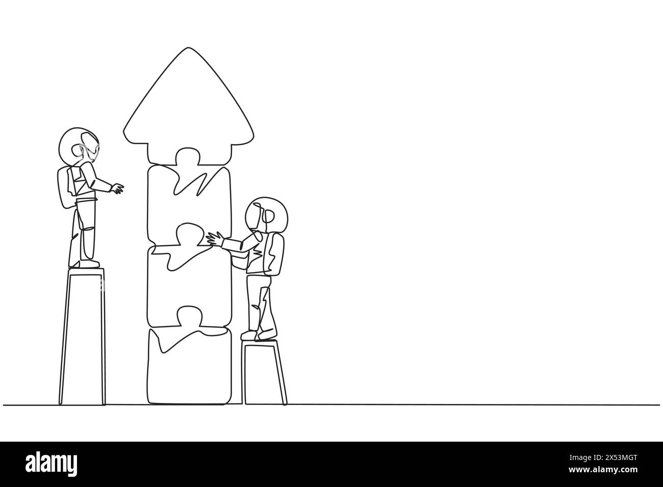 Continuous one line drawing two robots doing teamwork together ...