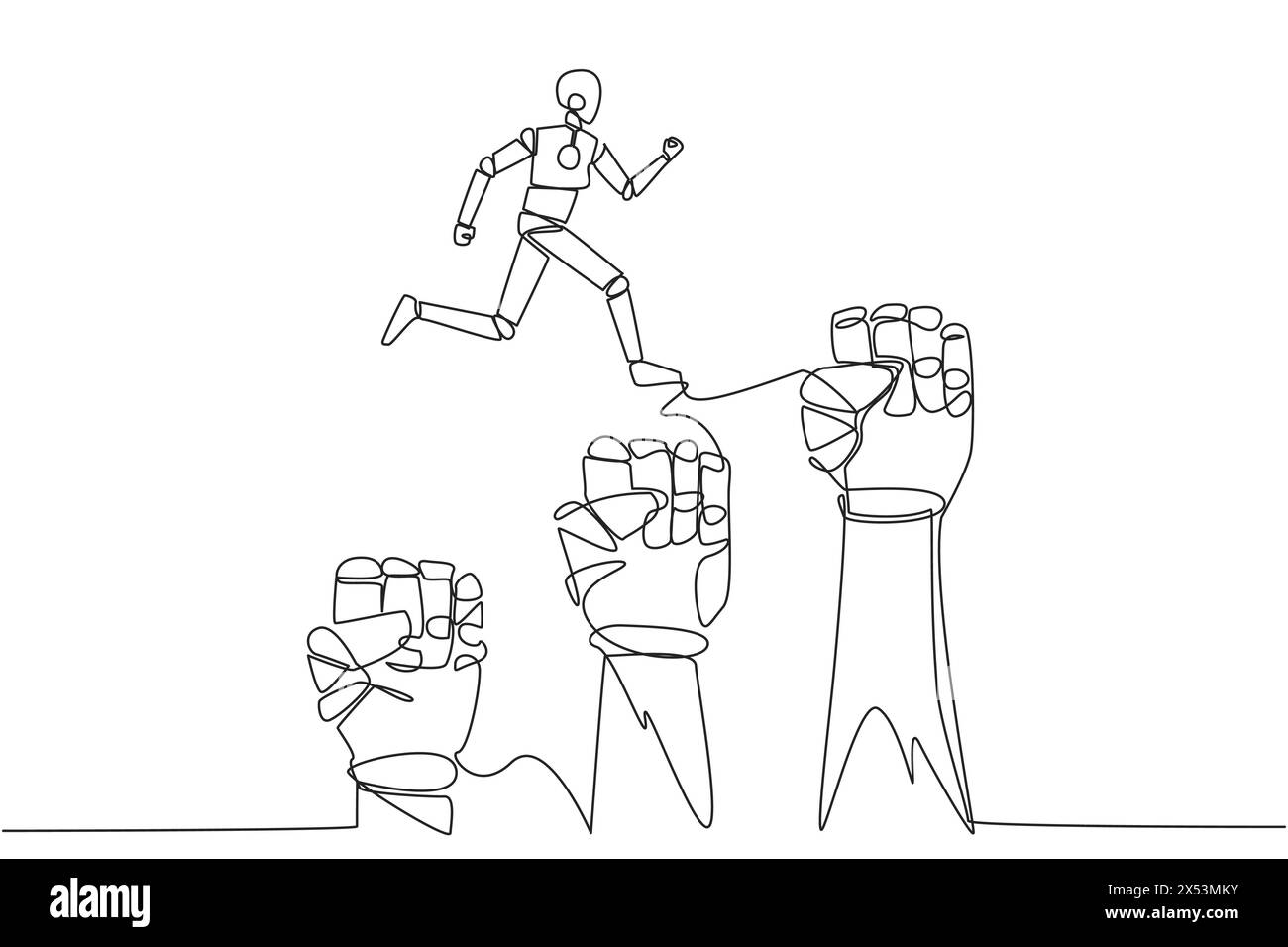 Continuous one line drawing robotic running leaping over three large ...