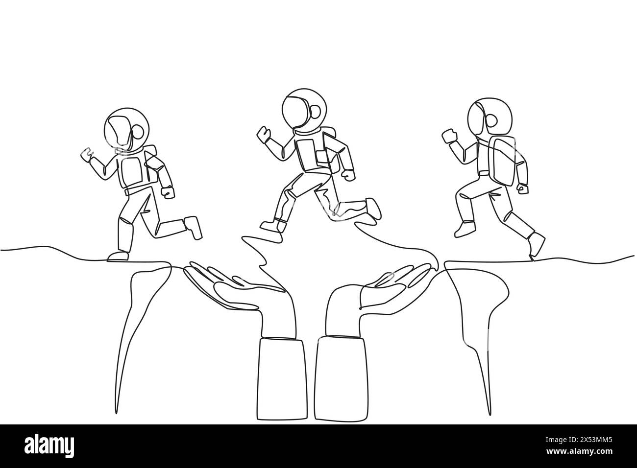 Continuous one line drawing 3 astronauts running through a cliff that ...