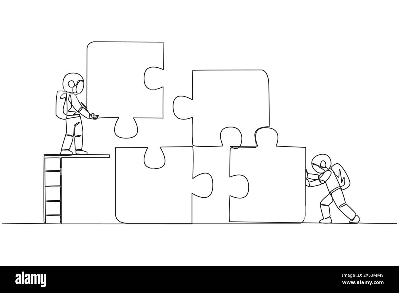 Continuous one line drawing two astronauts teamwork to put together a square puzzle, one of them ...