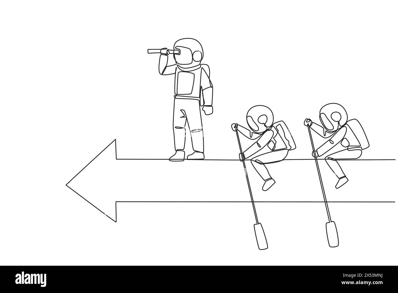 Single continuous line drawing 3 astronauts ride arrows. Teamwork with ...