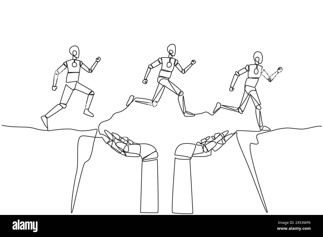 Single continuous line drawing three robots running through a cliff ...