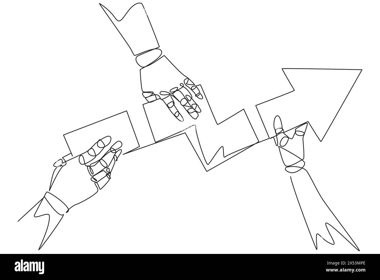 Single one line drawing three robotic hands each holding a directional ...