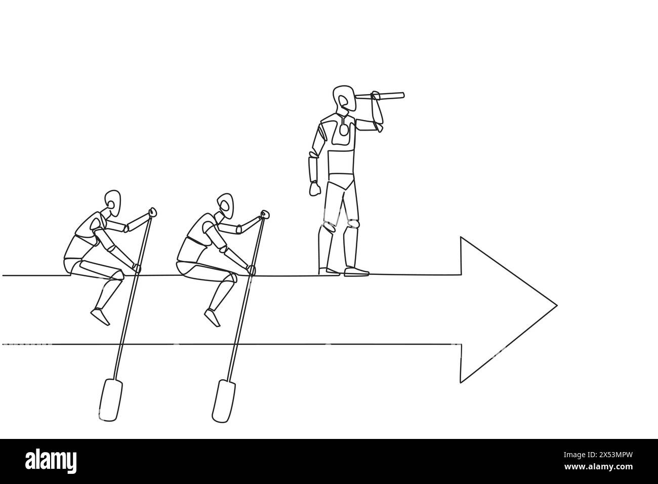Continuous one line drawing three robots ride arrows. Teamwork with two ...