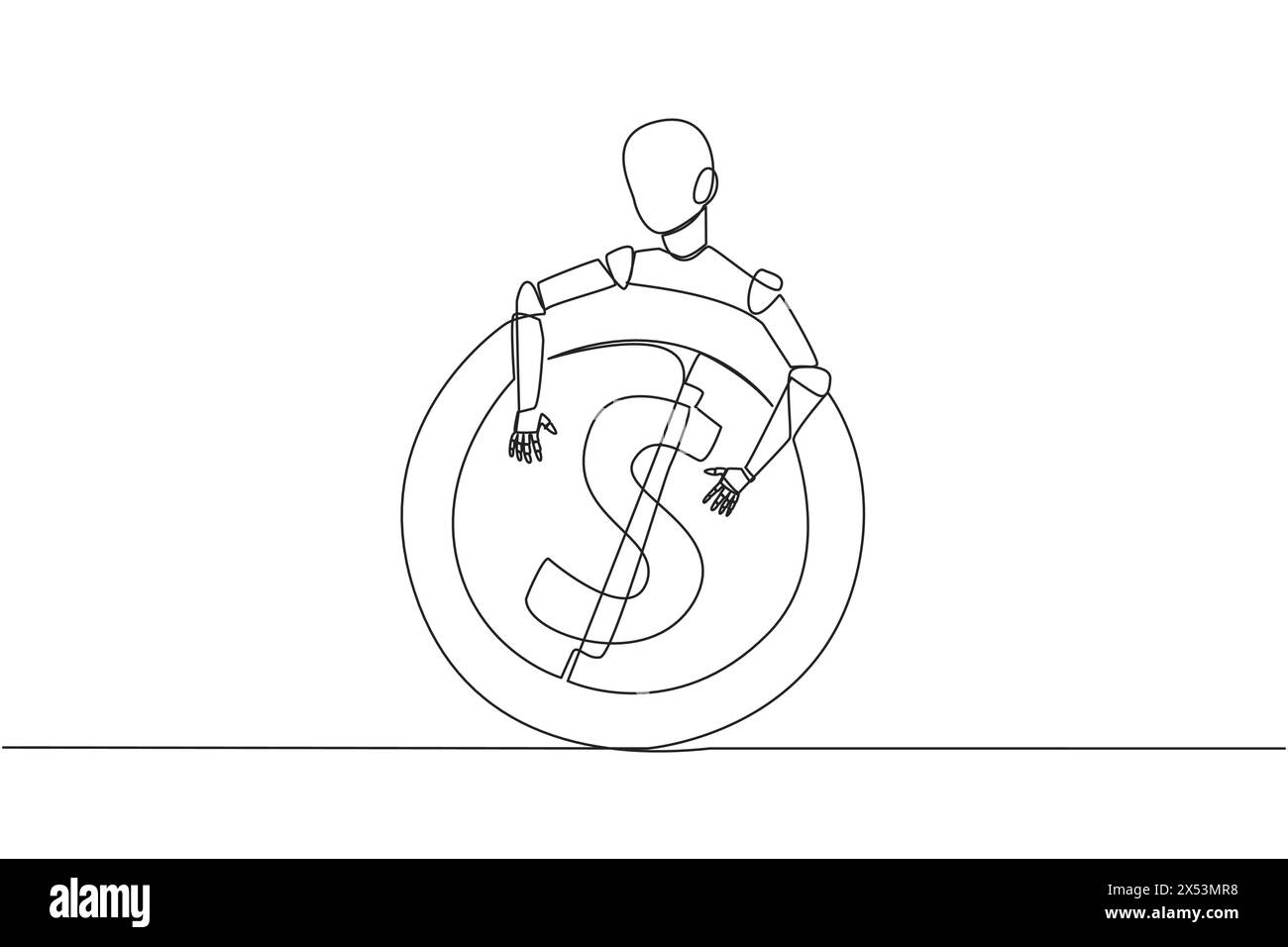 Continuous one line drawing robot hugging coin sign dollar. Insert coin ...