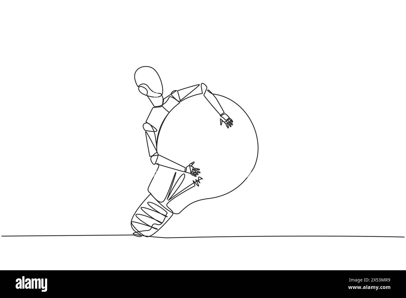 Single continuous line drawing robot hugging lightbulb. Has the idea to make robot that has ...