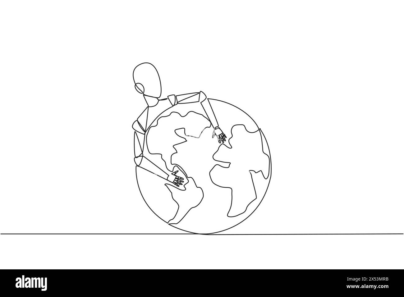 Continuous one line drawing robot hugging globe. Robots rule the world. Everything is technology ...