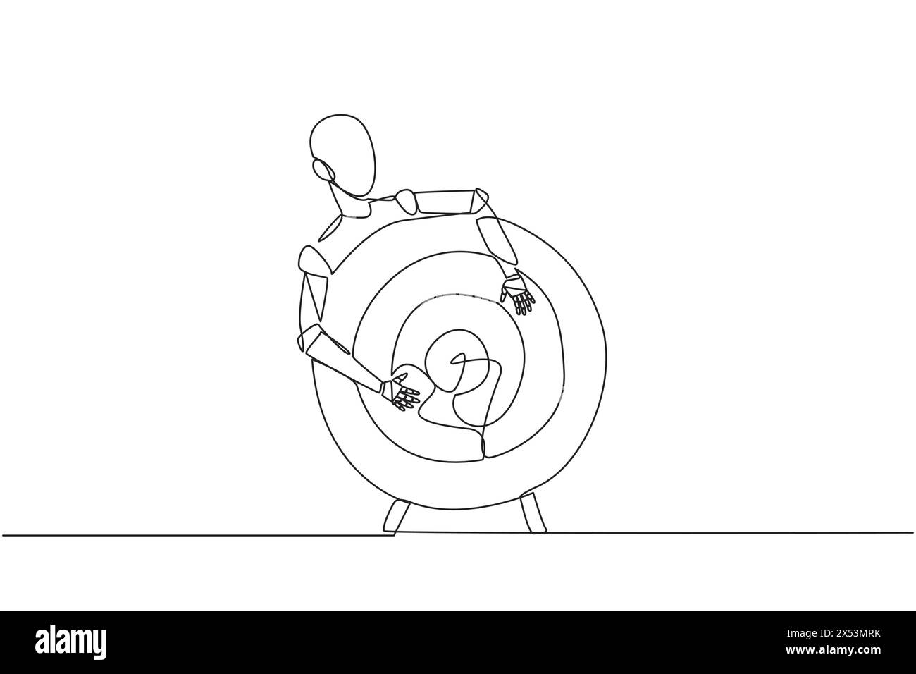 Single one line drawing robot hugging arrow board target. Sharpen the robot's artificial ...