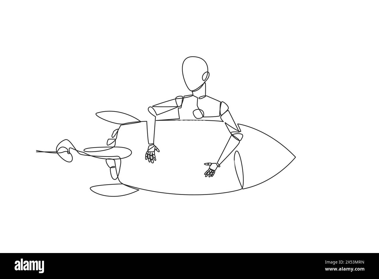 Single one line drawing robot hugging flying rocket. His ability is set ...