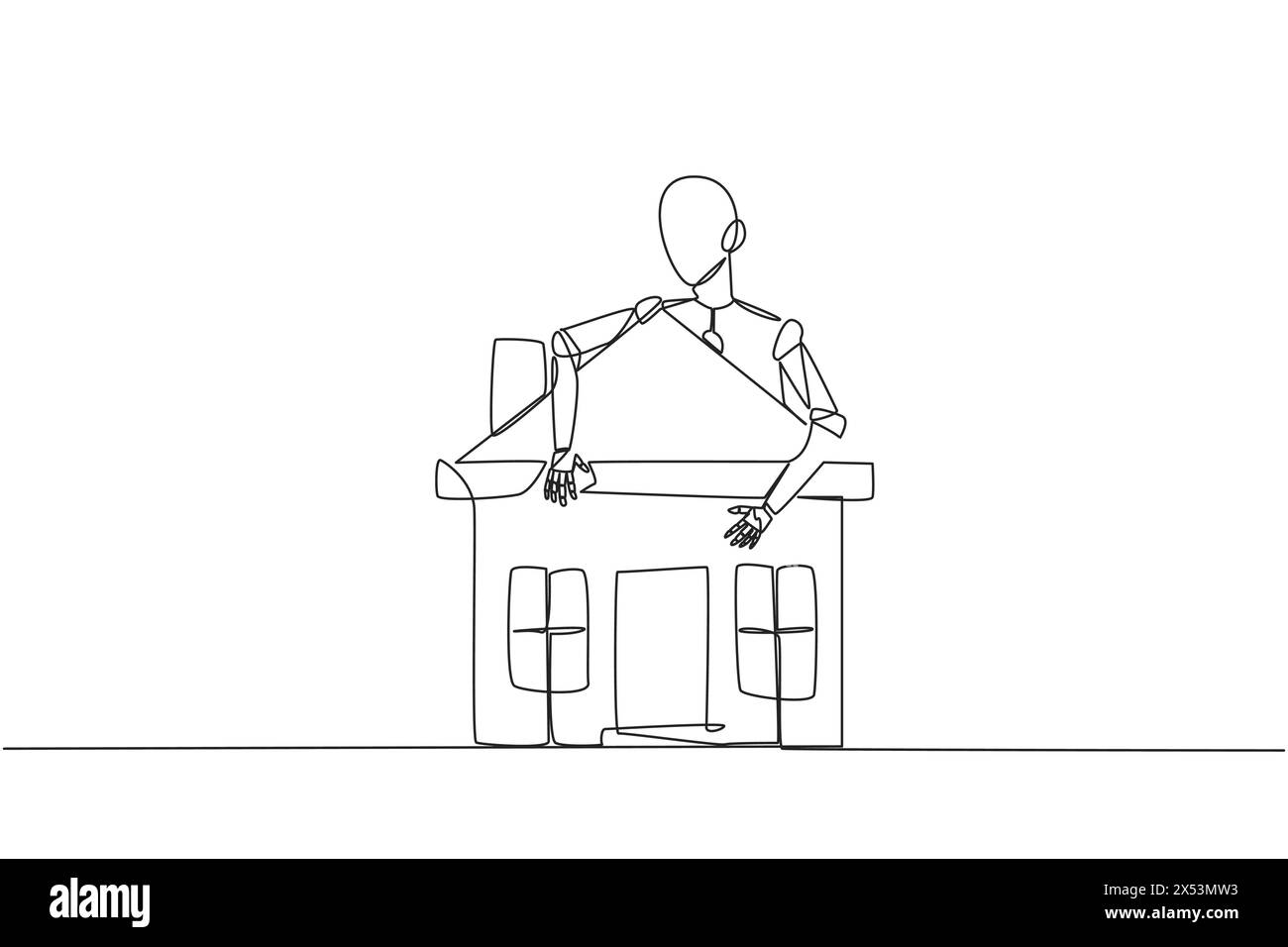 Single continuous line drawing robot hugging miniature house. His ... Single continuous line drawing robot hugging miniature house. His ...