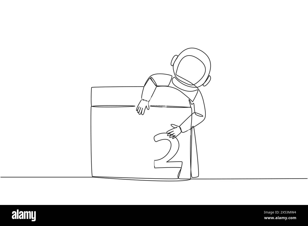 Single continuous line drawing astronaut hugging desk calendar and ...