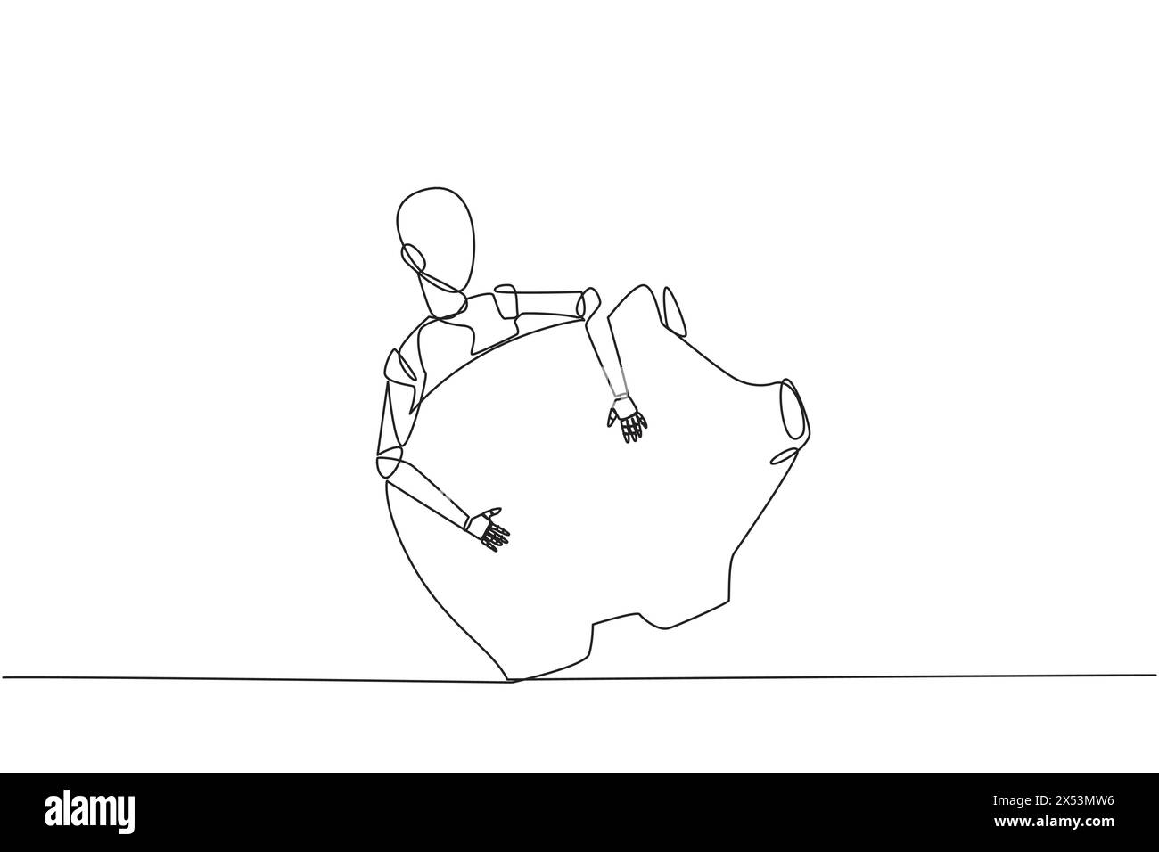 Single continuous line drawing robot hugging piggy bank. Securing ...
