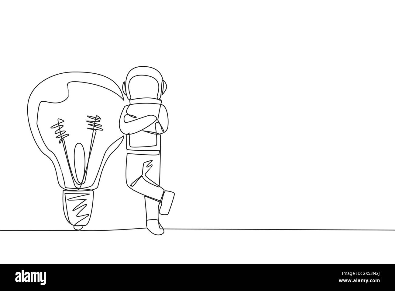 Single one line drawing young astronaut lean on giant lightbulb. Have ...