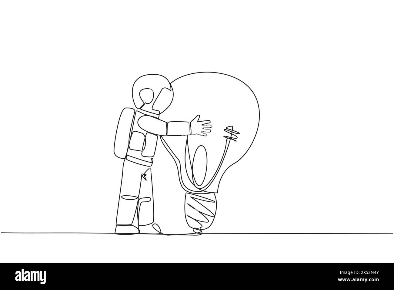 Single one line drawing young energetic astronaut hugging big lightbulb ...