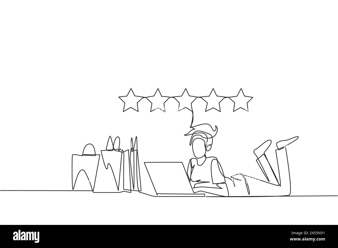 Single continuous line drawing young smiling woman on stomach while ...