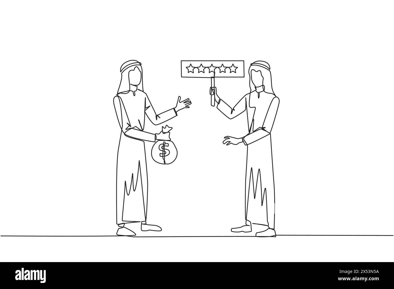 Single continuous line drawing two Arabian men standing opposite each ...