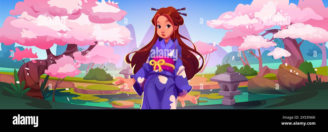 Young woman in traditional japanese kimono standing in park with pink ...