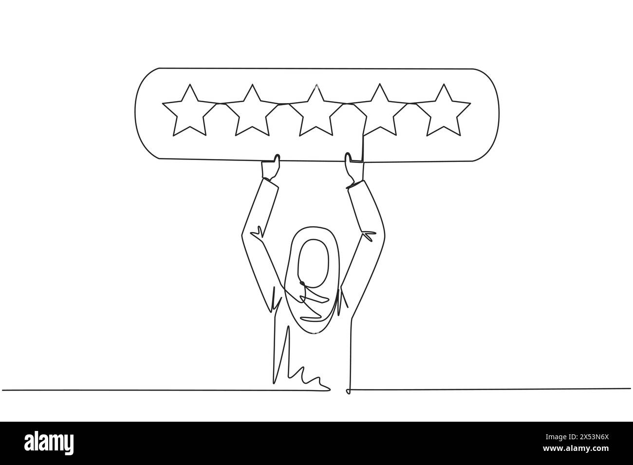 Single continuous line drawing young Arabian woman holding rating board ...