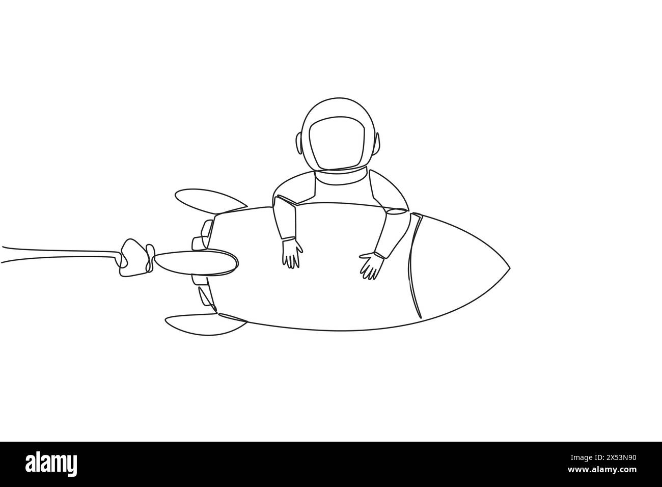 Single one line drawing young energetic astronaut hugging flying rocket ...