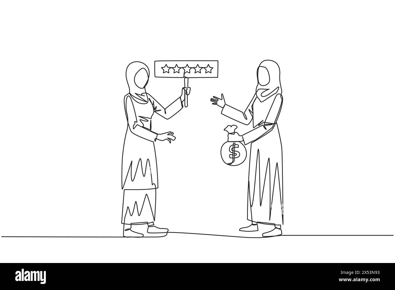 Continuous one line drawing two Arabian women standing opposite each ...