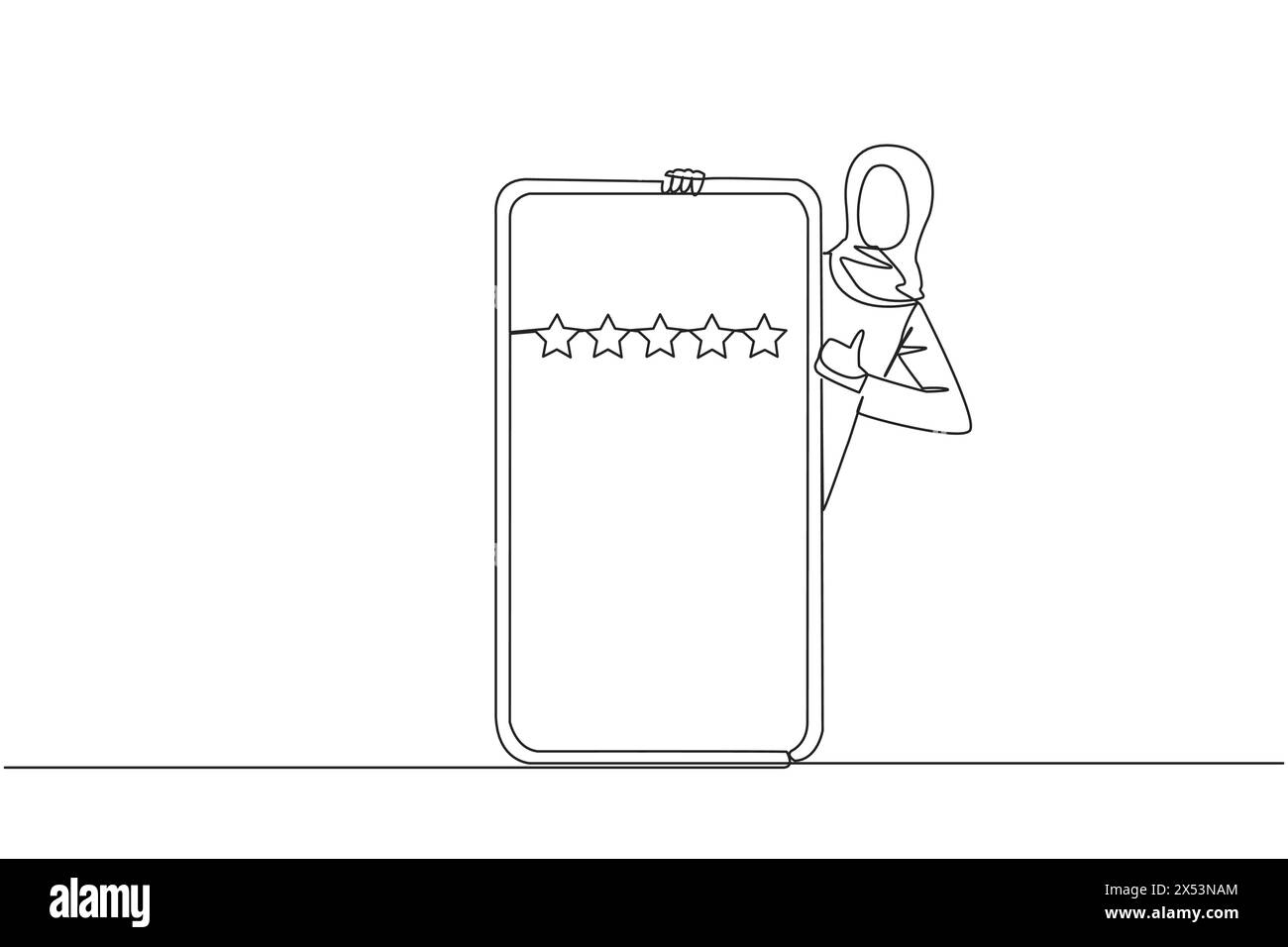 Single continuous line drawing Arabian woman stands behind giant ...