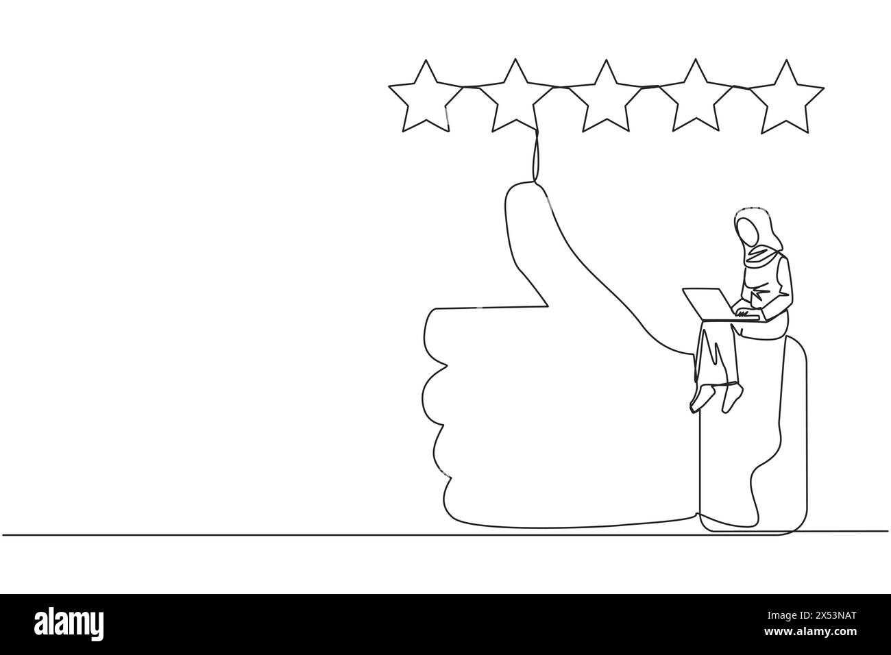 Single continuous line drawing young Arabian woman sitting on thumbs up ...