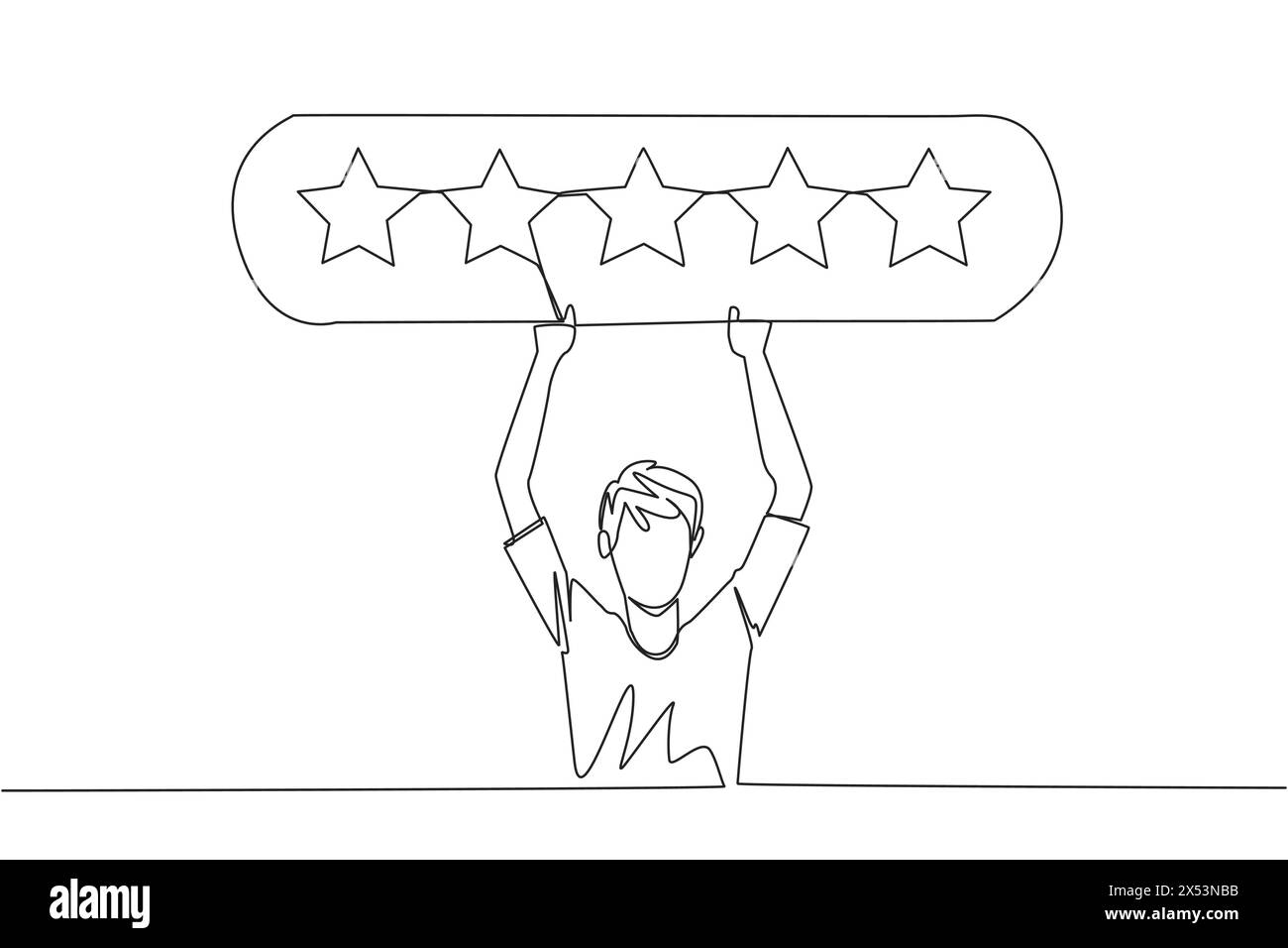 Continuous one line drawing young happy man holding rating board which ...