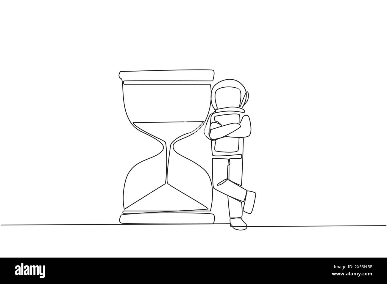 Continuous one line drawing young energetic astronaut lean on giant ...