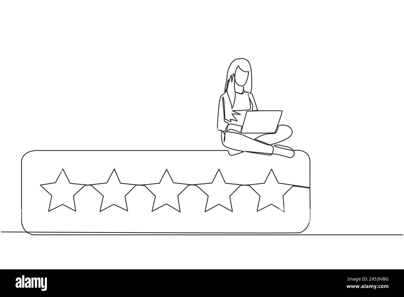 Continuous one line drawing young happy woman sitting on rating board typing laptop computer ...