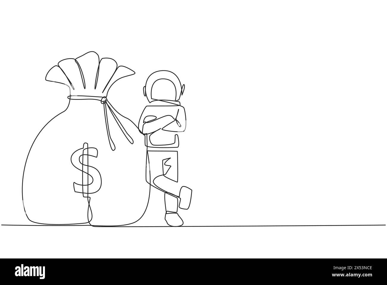 Single one line drawing young energetic astronaut lean on giant money ...