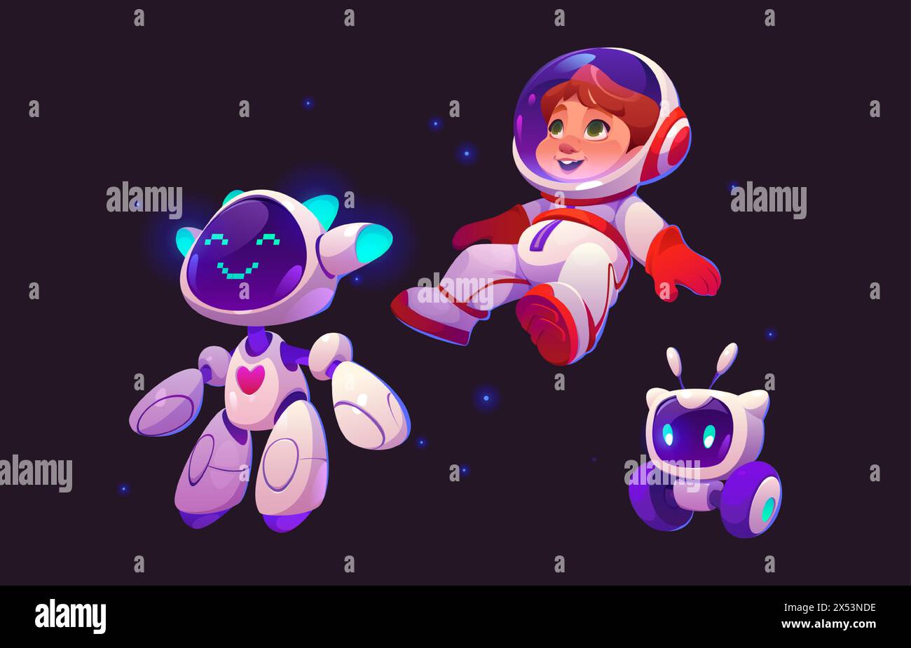 Funny kid astronaut and cute robot in space vector. Child cosmonaut ...