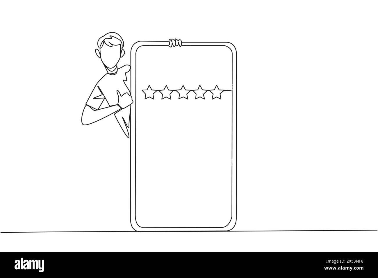 Single one line drawing man stands behind giant smartphone, but head ...