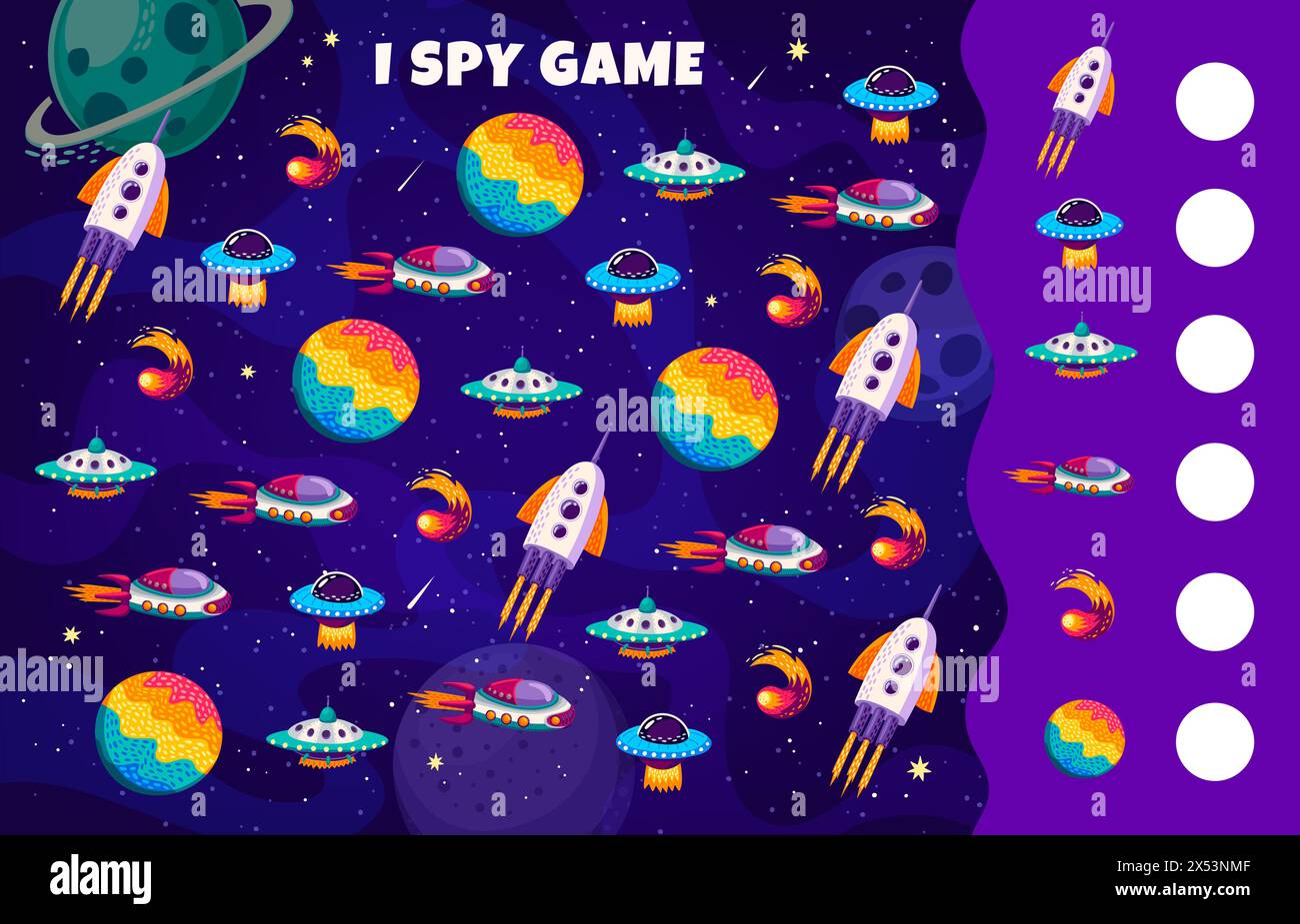 Kids I spy game with galaxy space planets and comets, UFO and ...