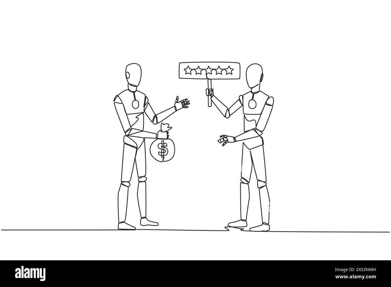 Single one line drawing two robotics standing opposite each other. The ...