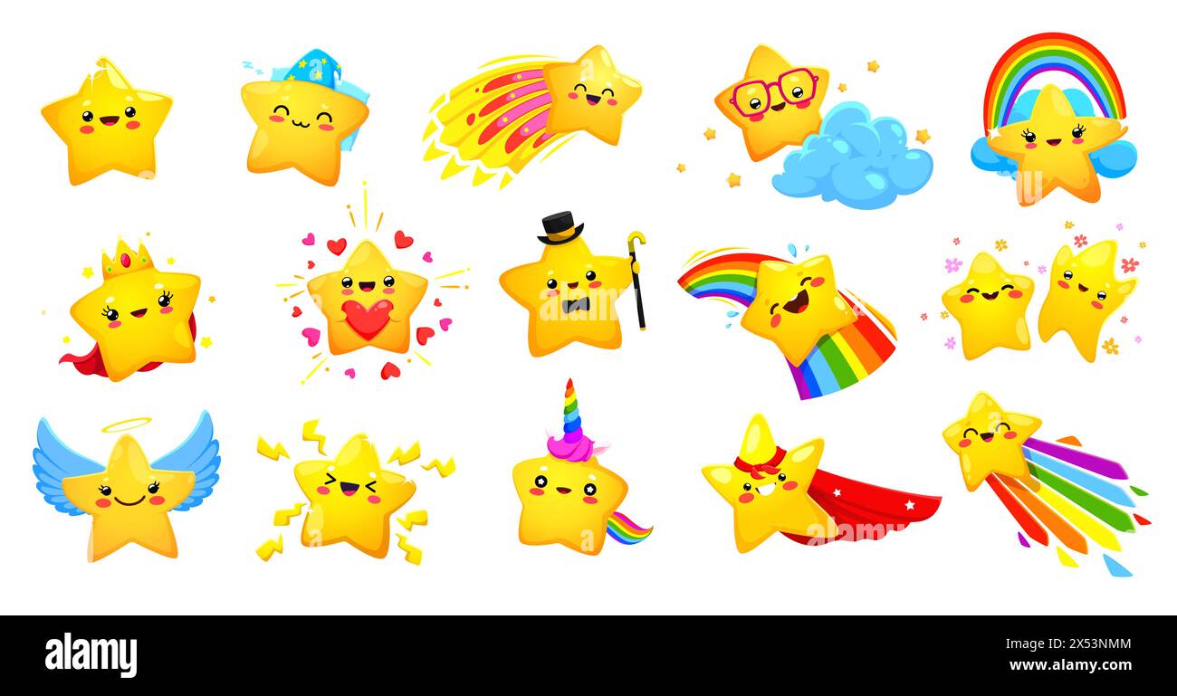 Cartoon cute cheerful kawaii stars and happy twinkle characters, vector ...