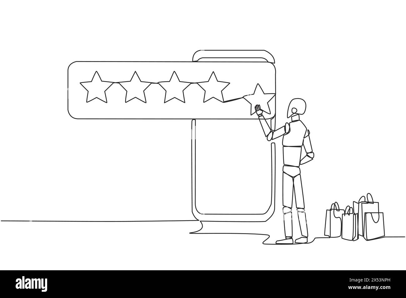 Continuous one line drawing robot standing facing giant smartphone ...