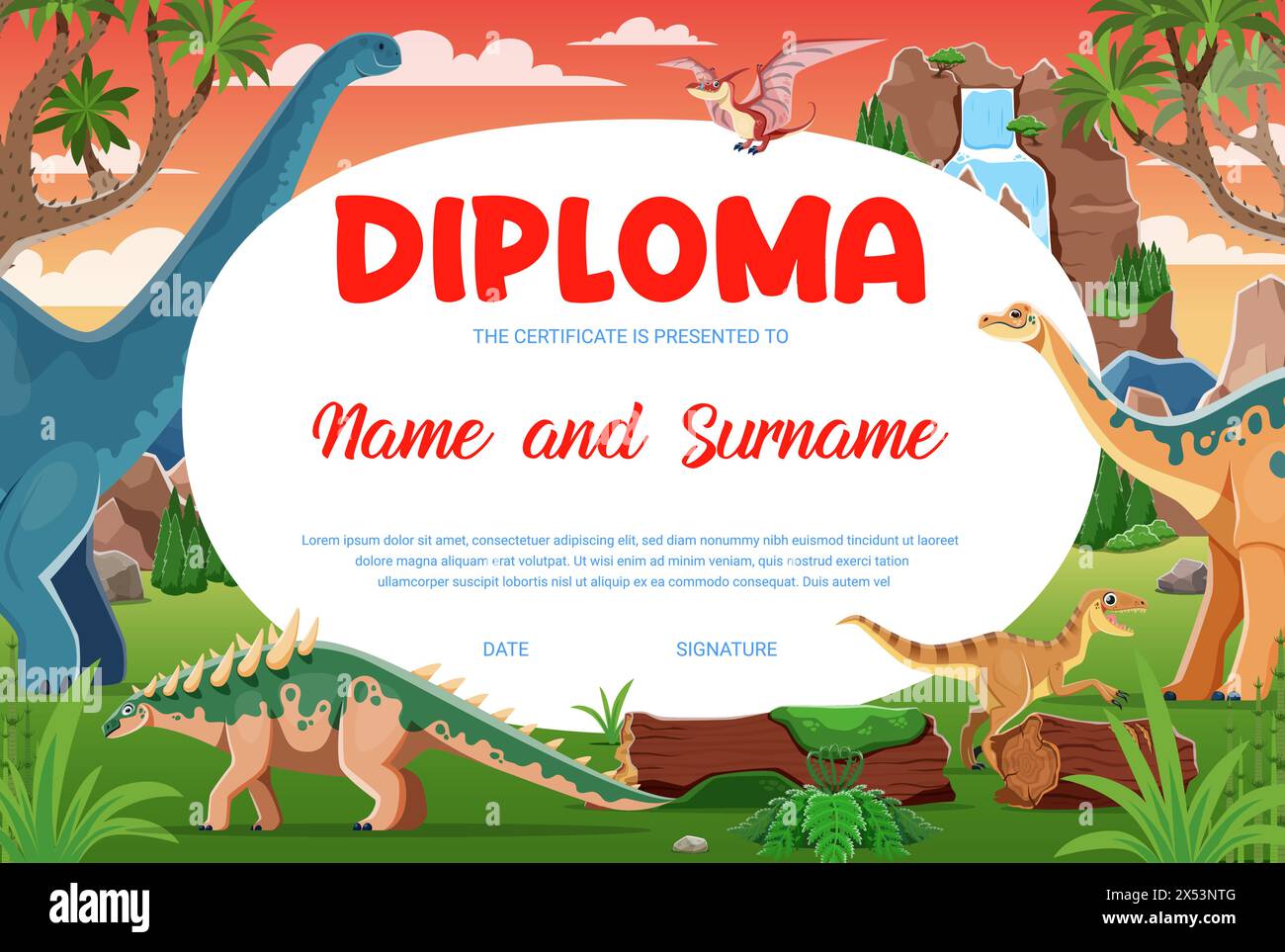 Kids diploma, Jurassic era funny cartoon dinosaurs, funny reptiles and ...